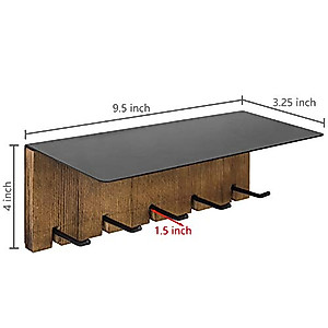 MyGift Entryway Shelf Rack with 5 Key Hooks, Wall-Mounted Burnt Solid Wood and Matte Black Decorative Shelf