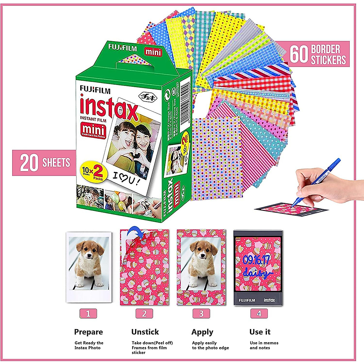 Fujifilm Instax Mini Link 2 Smartphone Printer Soft Pink + Fuji Film Value Pack (20 Sheets)+ Shutter Accessories Bundle, Incl. Protective Case, 20 Sticker Frames, USB Cable