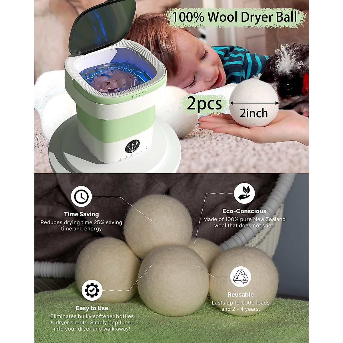 Mini Portable Washing Machine – Mini Washing Machine with 13L Large Capacity, Mini Portable washer with 2 wool dryer balls, Foldable small washing machine for underwear,socks, baby/pet clothes