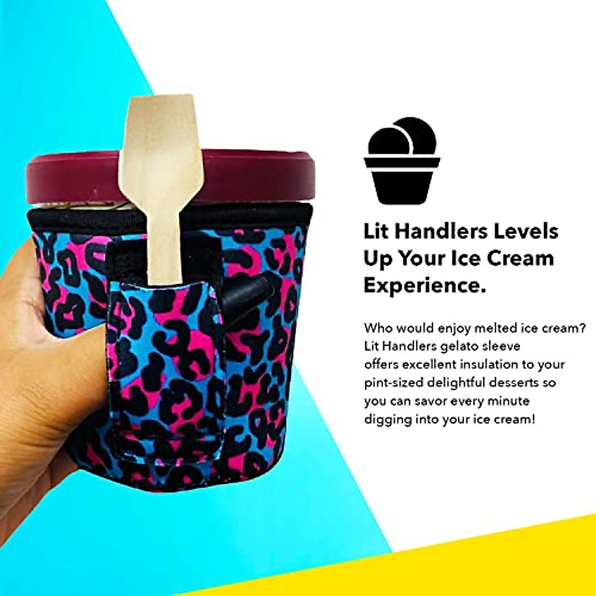 Lit Handlers Ice Cream Cooler Sleeve - Neoprene Ice Cream Pint Holder with Handle and Pocket - Tear Resistant Cooler - Machine Washable & Leak Proof Cup Cover for Frozen Desserts(Green Cactus)