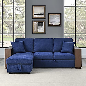 SZUBEE L-Shaped 88" Reversible Pulled Bed Sectional Living Room Furniture with 2 Seats Sofa and Storage Chaise Two Pillows, Navy Blue