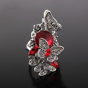 Ajojewel Red Crystal Rhinestone Flower and Butterfly Rings For Women Retro Vintage Jewelry (Red, 8)