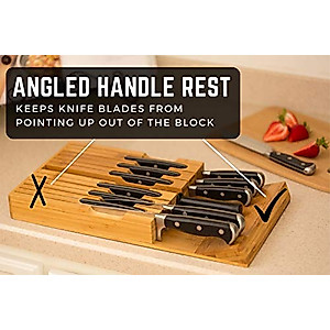 In-Drawer Bamboo Knife Block Holds 12 Knives (Not Included) Without Pointing Up PLUS a Slot for your Knife Sharpener! Noble home & chef Knife Organizer Made from Quality Moso Bamboo