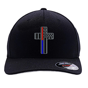 Firefighter Thin Red line Hereos Cross/Thin Blue line Heroes Cross American Flag Custom Embroidered Flexfit Hat (Black, L/XL)