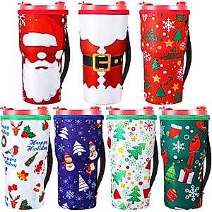 7 Pieces Christmas Coffee Sleeve Cup Reusable Iced Coffee Sleeve Insulator for Drinks Xmas Sleeve Mugs Cover Holders Santa Coffee Sleeve Tumbler Gift for 30 oz Cold Hot Beverages Milk Water