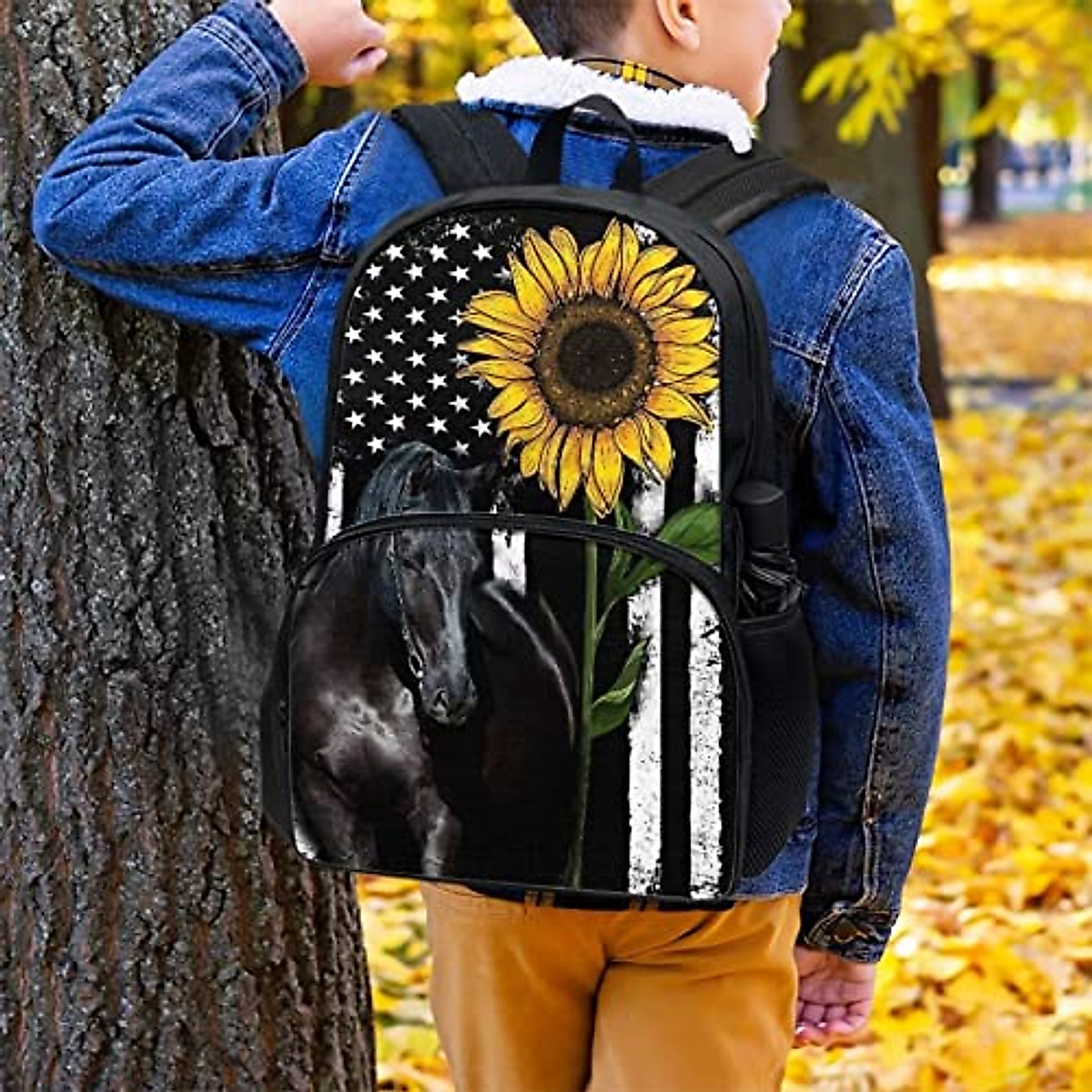 doginthehole Black Horse Backpack School Bag for Students Girls Boys American Flag Sunflower Laptop Bookbag Shoulder Bag Travel Hiking Camping Daypack for Women 17 Inch