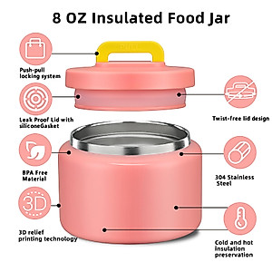 JXXM 8 Oz Thermo Food Jar for Hot & Cold Food for Kids, Insulated Lunch Containers Hot Food Jar,Leak-Proof Vacuum Stainless Steel Wide Mouth Lunch Soup thermo for School,Travel (PINK-Pure) 1pc
