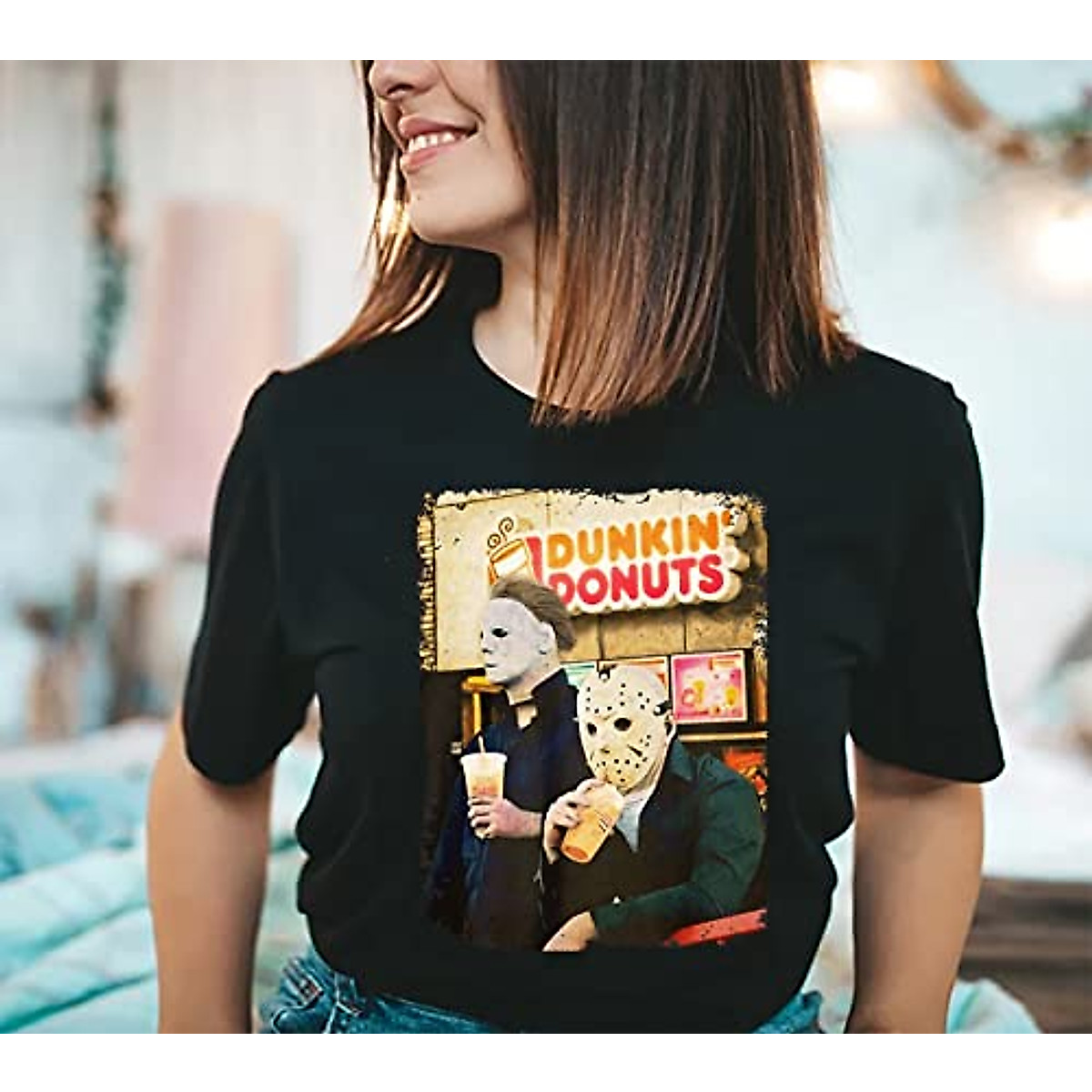 Horror Movies Tshirt Women Michael Myers Jason Scary Killers Shirt Novelty Graphic Halloween Party Tee Tops (XXL, Black)