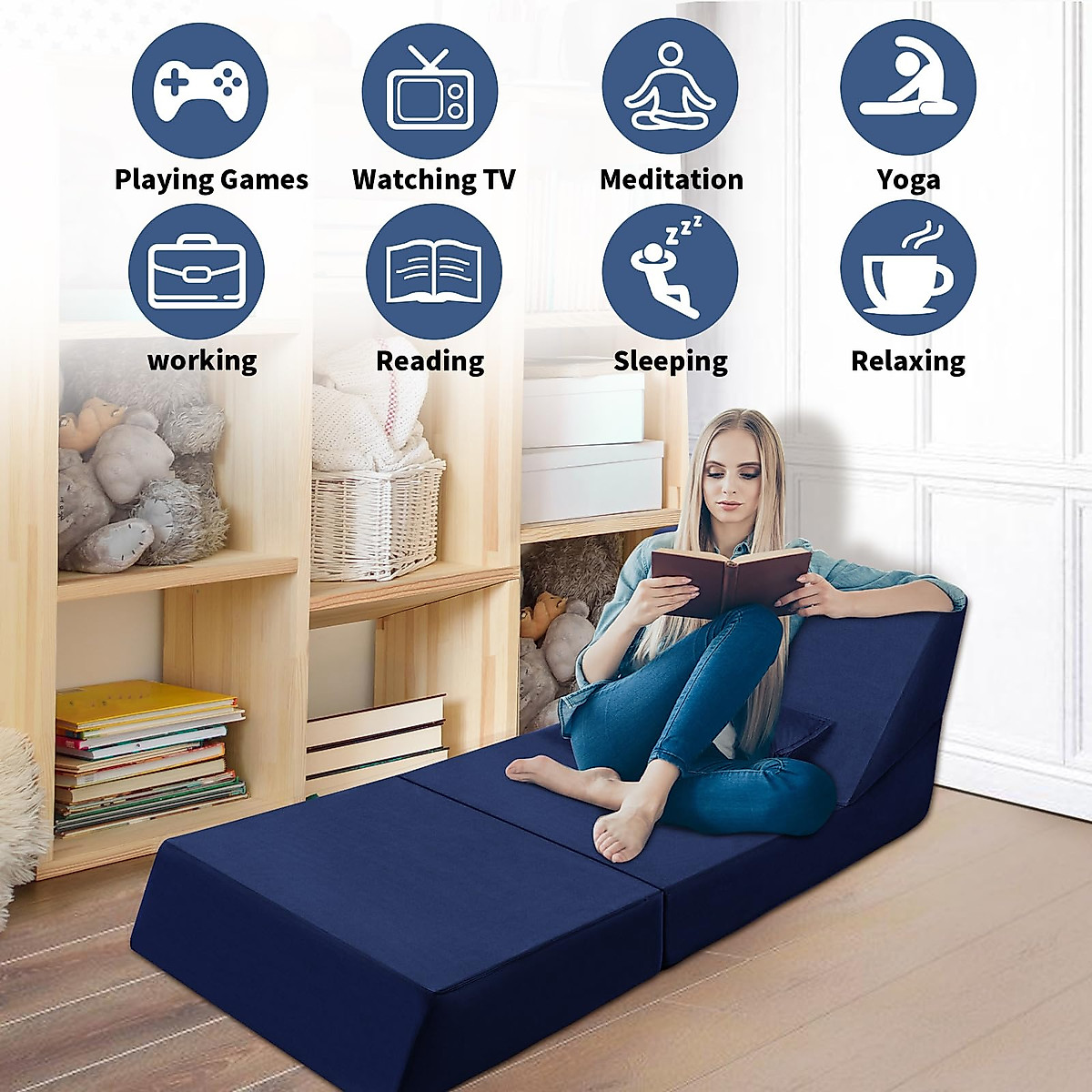 3-in-1 Folding Sofa Chair Bed Convertible Sofa with Pillow,Floor Futon Couch Comfy Lounge Chair Mattress, Portable Fold Out Couch Guest Bed for Adults, Home Office, Apartment, Dorm（Navy）