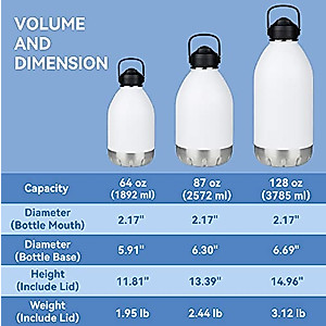 Kerilyn 87oz Vacuum Insulated Jug, 2/3 Gallon Stainless Steel Water Bottle with Straw, 2 Lids, Leak-Proof and Sweat-Proof, Double Walled, Keeps Drinks Hot&Cold for Hours, Great for Travel, White