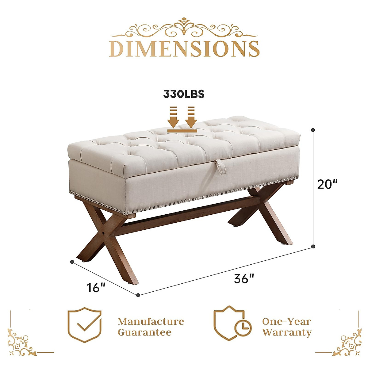 Bonzy Home Tufted Entryway Storage Bench, 36" French Vintage Bedroom Dining Room Benches with X-Shaped Legs, Fabric End of Bed Bench for Bedroom Dining Room Living Room Entryway, Beige
