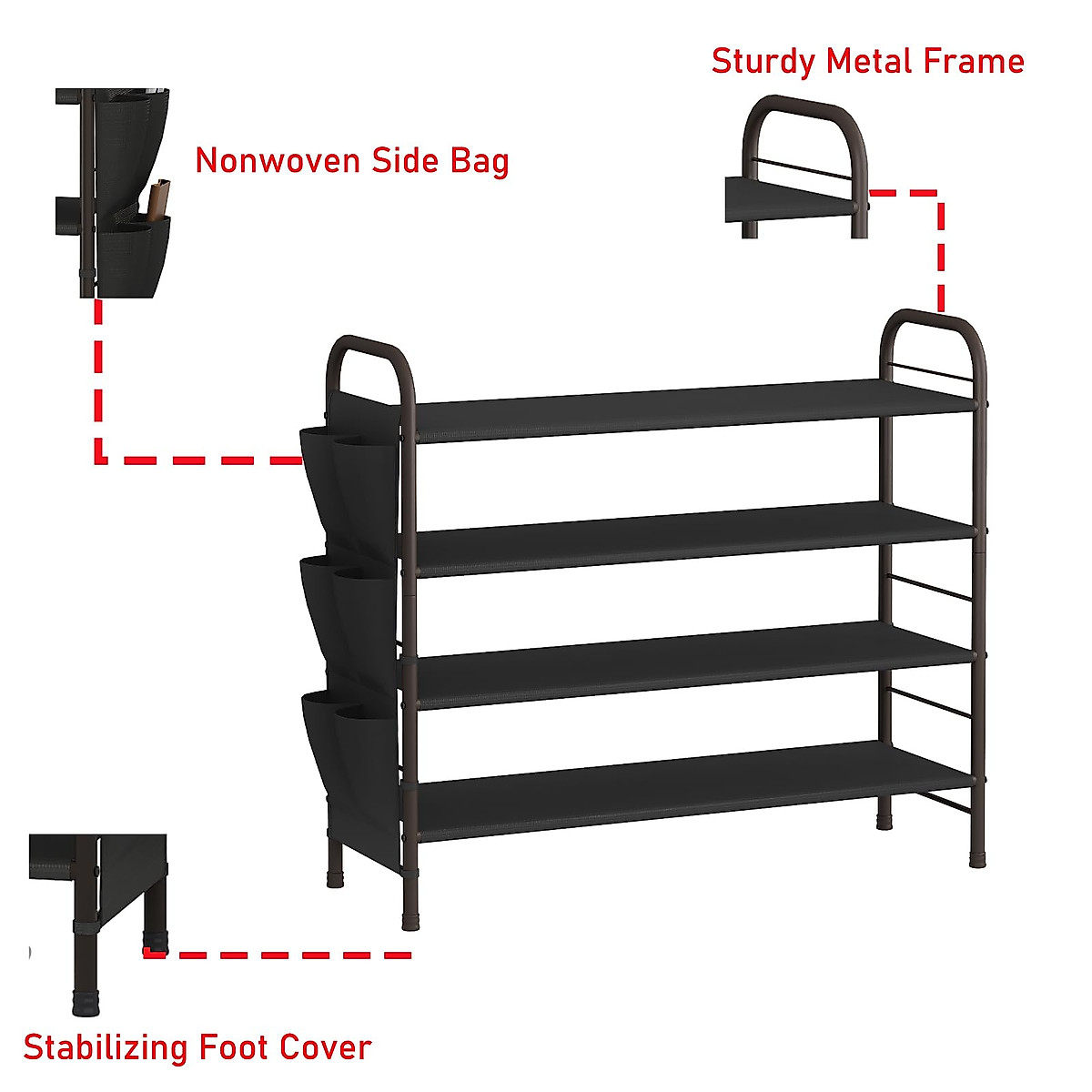 SUOERNUO Shoe Rack Storage Organizer 4 Tier Free Standing Metal Shoe Shelf Compact Shoe Organizer with Side Bag for Entryway Closet Bedroom,Bronze