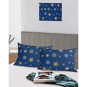 Edwiinsa Navy Gold Snowflake Pillow Covers King Standard Set of 2 Bed Pillow, Plush Soft Comfort for Hair/Skin Cooling Pillowcases with Envelop Closure 20x36 Inches Christmas Minimalist White Blue