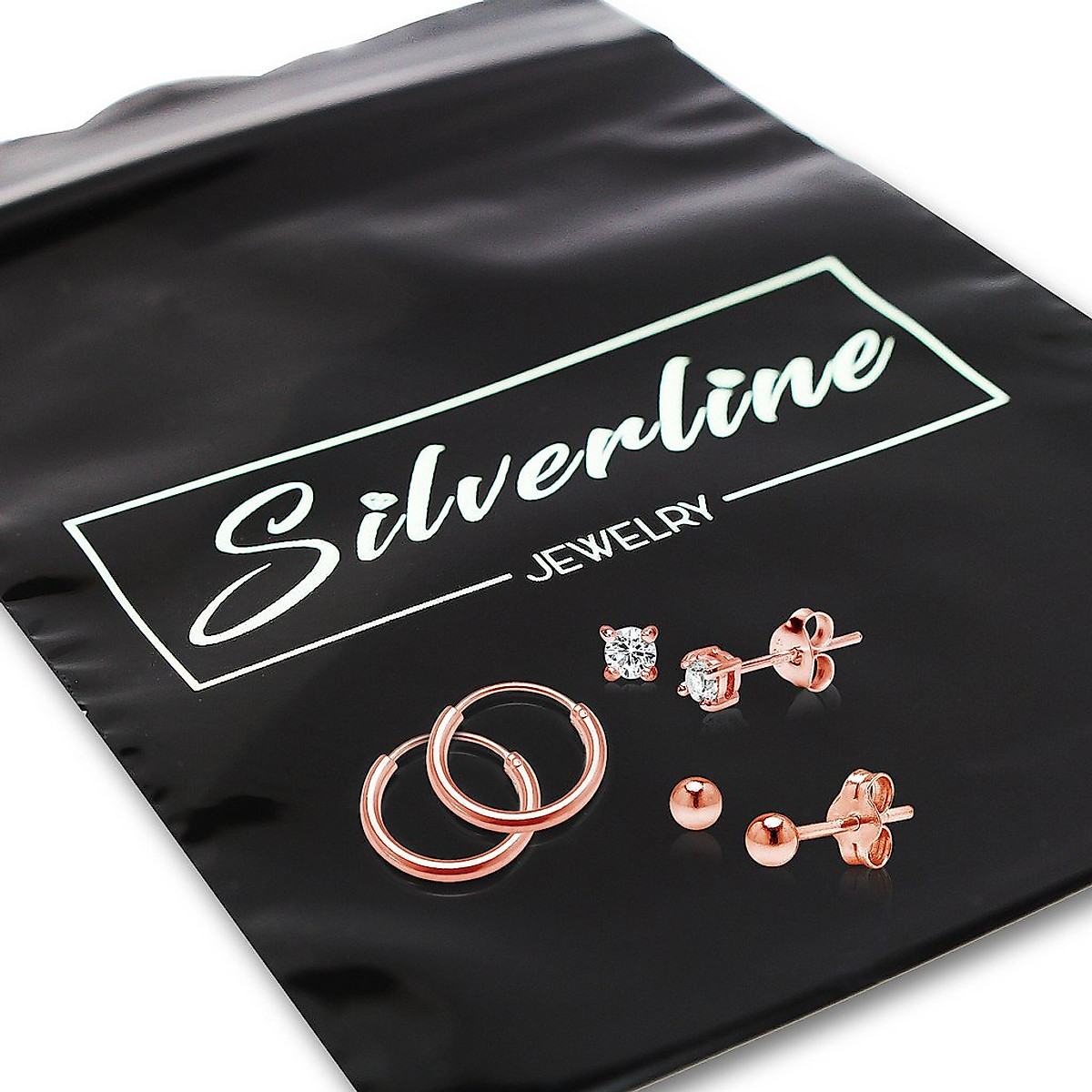 Three Pairs Sterling Silver 10mm Endless Hoops 3mm Round CZ & 3mm Ball Stud Unisex Cartilage Earrings Set Rose Gold Flashed