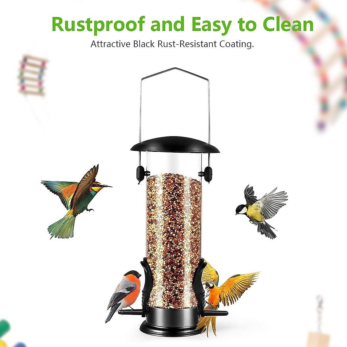 Metal Bird Feeder, Tube Bird Feeders for Outdoors Hanging, Heavy Duty Chew-Proof and Rust-Proof Tube Bird Feeder, Weatherproof & Steel Hanger, Attracting for Wild Birds (Black)