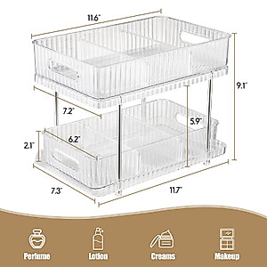 Flytreal 2 Tier Vanity Makeup Perfume Organizer Tray, Bathroom Counter Organizers and Storage, Clear Skincare Cosmetic Holder, Multi-Purpose Under Kitchen Sink Medicine Cabinet Pull Out Organizer