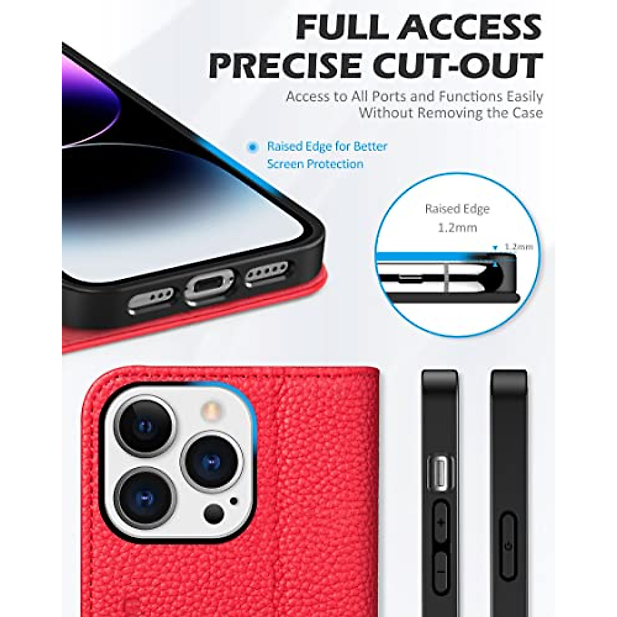 SHIELDON Wallet Case for iPhone 14 Pro 2022, Genuine Leather Folio Case Magnetic Closure RFID Blocking Card Slots Kickstand Full Protection Case Compatible with iPhone 14 Pro 6.1" - Litchi Grain Red