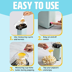 Tasty Hot Air Popcorn Popper, Healthy and Delicious Popcorn in Minutes, Fast and Easy-to-Use, Built-In Measuring Cup and Butter Warmer, 8 Cups, Aqua