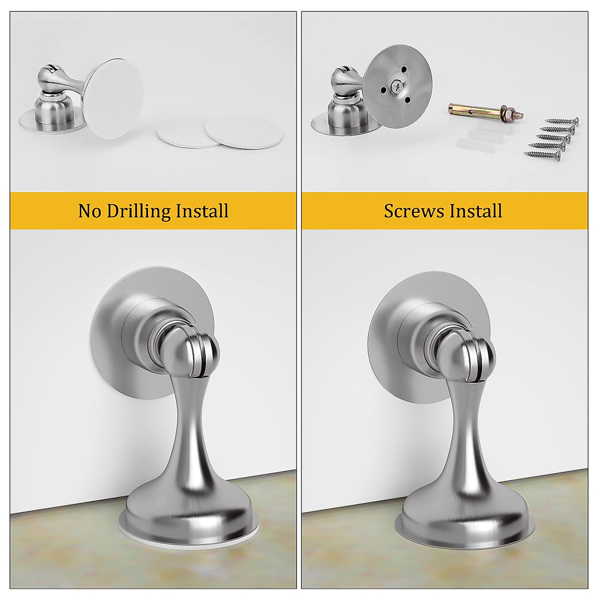 Door Stopper, Wedama Stainless Steel Magnetic Door Stop, 1 Pack Heavy Duty Door Catch Holder, Wall&Floor Mounted Door Open Holder with Adhesive Tapes for No Drilling, Screws for Stronger Mount-Silver