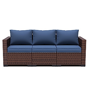 UDPATIO 3-Seat Patio Wicker Sofa, Outdoor Rattan Sectional Couch Furniture Steel Frame w/Furniture Cover Non-Slip Cushion and Deep Seating High Back, Navy
