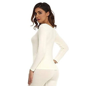 Mcilia Women's Ultrathin Modal Thermal Baselayer Top Scoop Neck Long Sleeve Undershirt Off-White Medium (US Size 8 10)