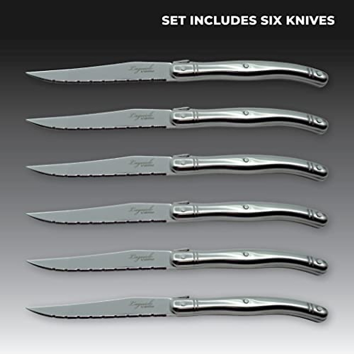 TopKnife Laguiole 6 pcs Steak Knife Set - Stainless Steel Handle - Pine Wood Block