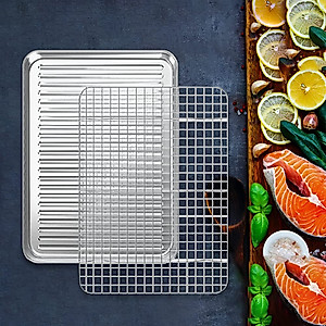 N&S Stainless Steel Baking Pan with Rack, Cookie Sheet with Cooling Rack,Baking Tray For Oven,Nonstick Baking Sheet Warp Resistant & Heavy Duty & Rust Free (M), Silver (BK252)