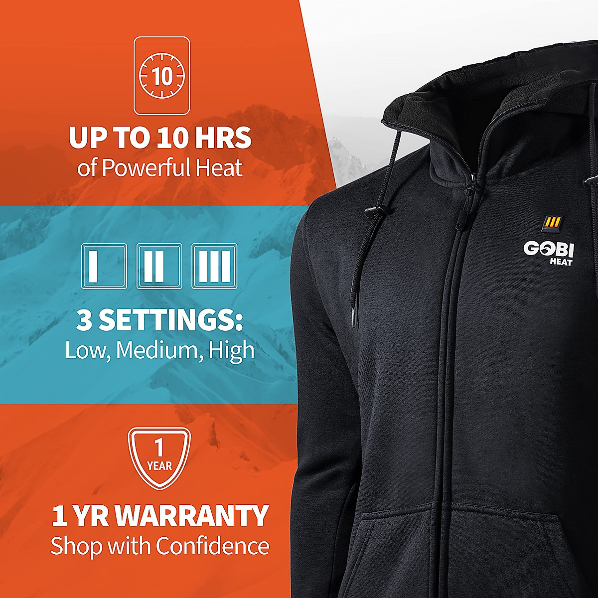 Ridge Men’s Heated Hoodie - 10 hrs of Heat | 3 Heat Zones | With Battery & Charger | Machine Washable | All Day Warmth (L)