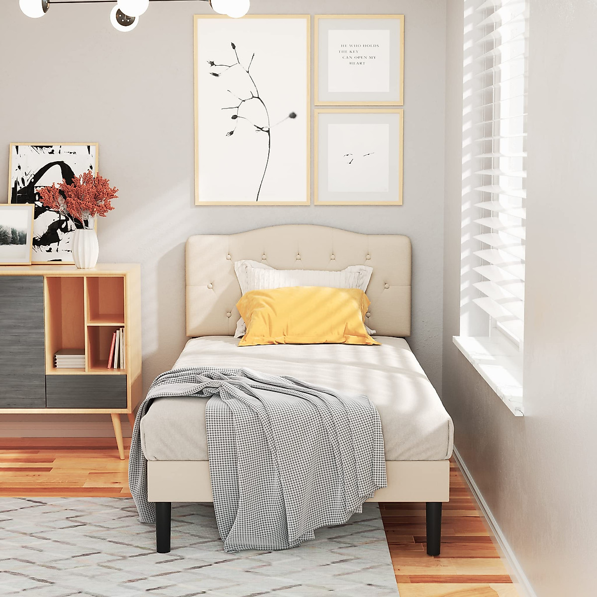 VECELO Classic Upholstered Platform Bed Diamond Stitched Cloth Panel Headboard/Mattress Foundation/Easy Assembly/Strong Slat Support Twin,Beige