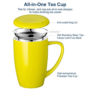 LOVECASA 16 OZ Tea Mug with Infuser and Lid, Tea Infuser Mug with Handle Ceramic Mug with Filter for Tea, Milk, Coffee, Loose Leaf Tea Infusers, Lemon Yellow