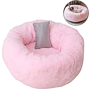 TINTON LIFE Luxury Plush Pet Bed with Pillow for Cats Small Dogs Round Donut Cuddler Oval Cozy Self-Warming Cat Bed for Improved Sleep Pink M