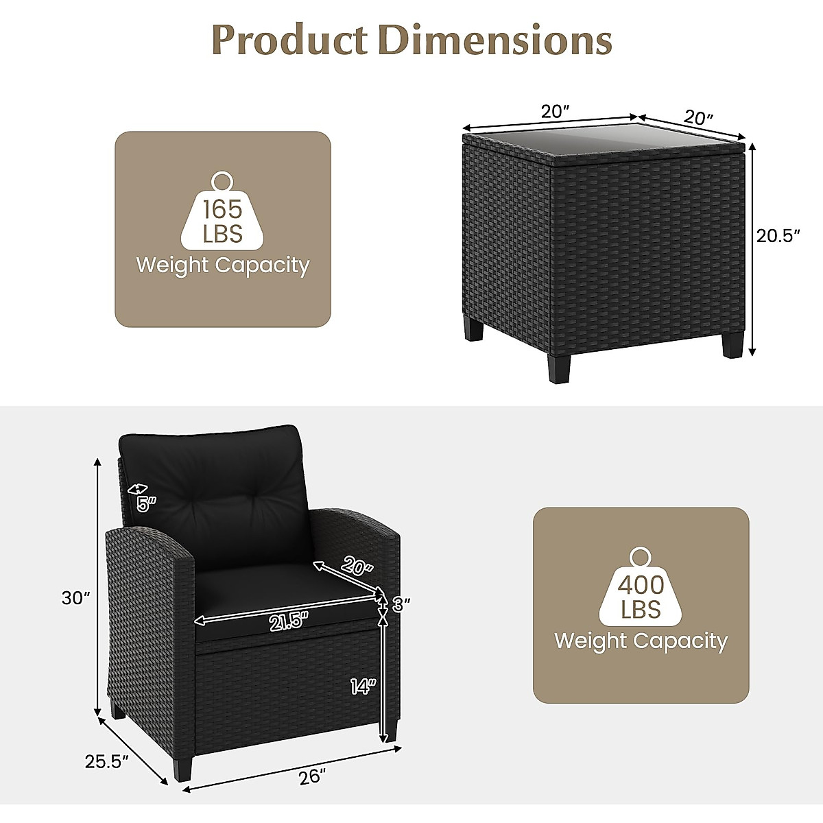 RELAX4LIFE 3-Piece Patio Furniture Set - Wicker Rattan Bistro Sofa Set w/Glass Top Coffee Table, Washable Cushions for Porch Balcony Backyard Poolside, Outdoor Furniture Conversation Set (Black)