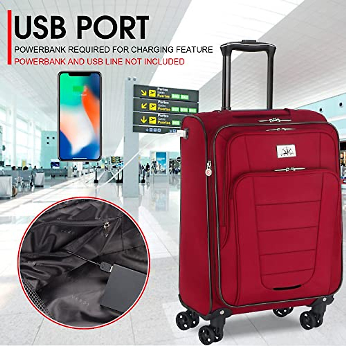 Verdi Travel Carry On Luggage with Spinner Wheels Softshell Lightweight Expandable 20 Inch Suitcase with USB Charging Port and 8-wheel Spinners Carryon Bag