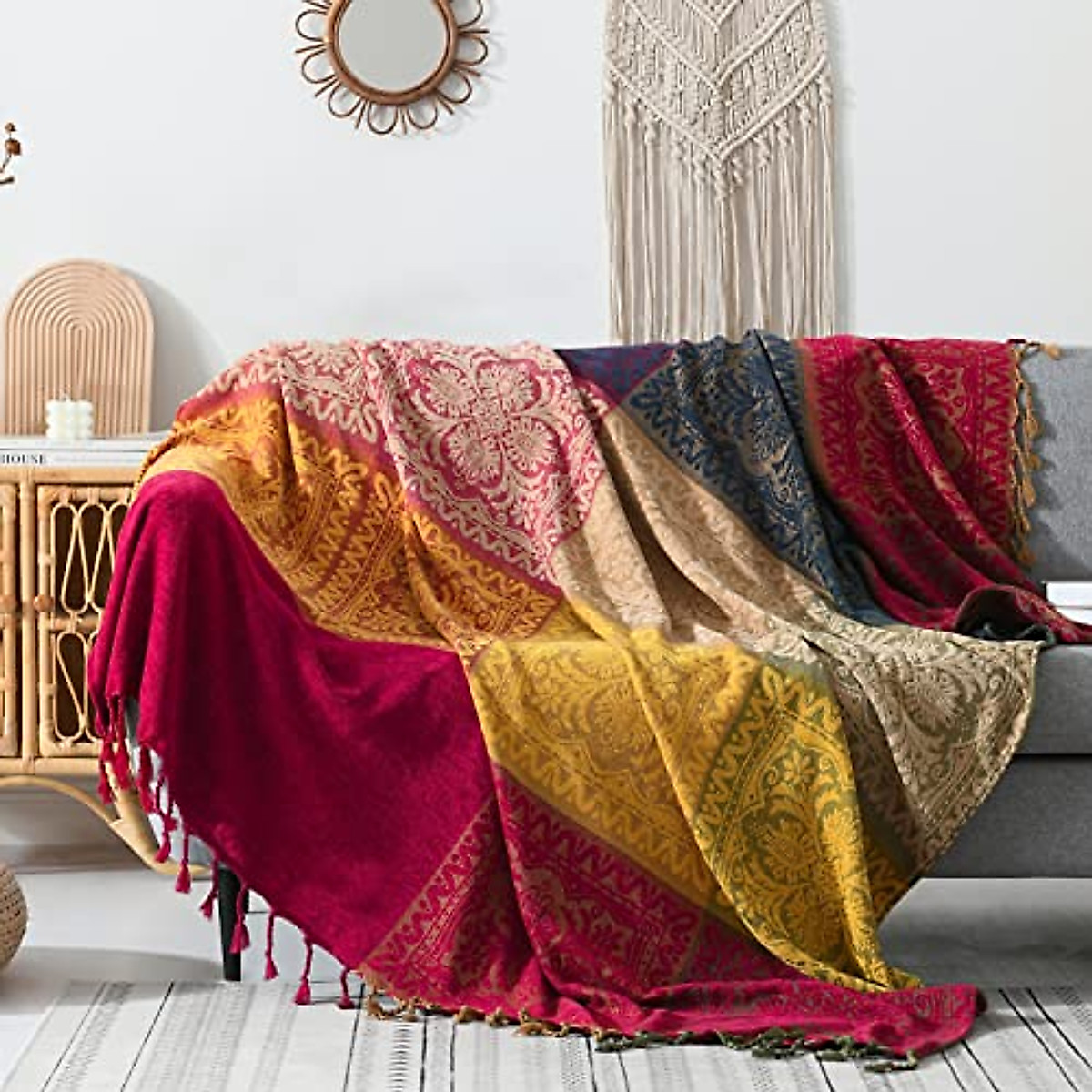 Y-PLWOMEN Bohemian Chenille Throw Blanket for Couch, Woven Jacquard Boho Blankets wiz Tassel, Hippie Tribal Blanket for Bed Sofa Recliner Loveseat Decor(Red Yellow, 60x75)