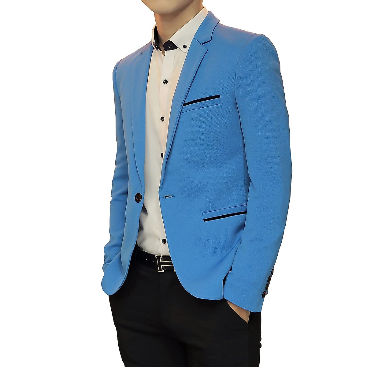 DAVID.ANN Men's Slim Fit Suits Casual One Button Flap Pockets Solid Blazer Jacket,Sky Blue,Large