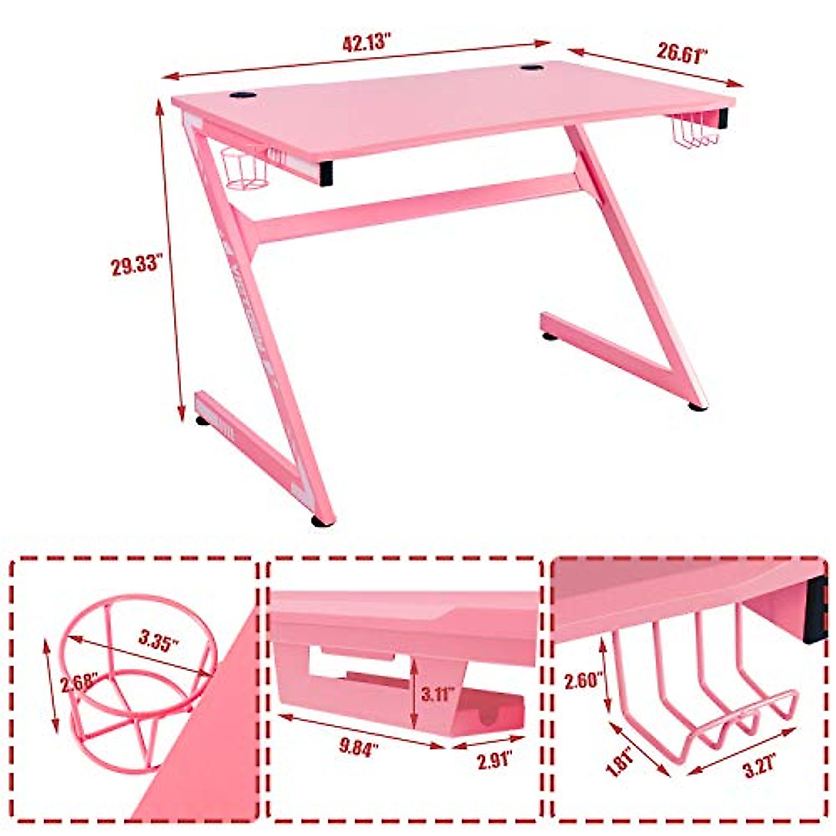 YIGOBUY Pink Gaming Computer Desk 43 Inch Barbie Gaming Table Z Shape Black Racing Table Student Desk with& Headphone Hook for Kids Adults Home Office Bedroom Computer Workstation