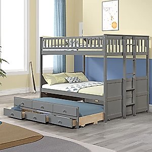 OUYESSIR Full Over Full Bunk Bed with Trundle and 3 Drawers, Full Size Bunk Beds Convertible to 2 Platform Beds, Solid Wood Bunk Bed with Twin Size Trundle and 3 Storage Drawers (Grey, Ladder)