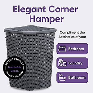 Plastic Corner Laundry Hamper with Lid, Curved Designed Laundry Basket, 2 Pack Triangle Grey Cloths Hamper Organizer with Cut-out Handles for Laundry Room Bedroom Bathroom, Wicker Design, 50 Liter