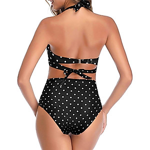 Tempt Me Women's Vintage Swimsuits Black Little Dot Retro Halter Ruched High Waist Bikini with Bottom S