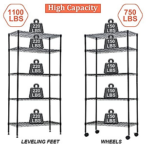 PIKAQTOP 5-Tier Heavy Duty Metal Shelves for Storage Kitchen Garage (750LBS Capacity), Industrial Commercial-Grade Shelves w/Wheels & Leveler Feet, Height Adjustable Wire Rack Shelving for Pantry