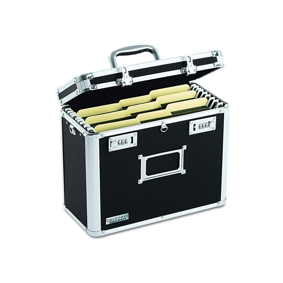 Vaultz File Organizer Box - 14 x 7 x 12.19 Inch Letter Size, Portable Locking Storage Totes with Dual Combination Locks for Filing Office Documents - Black