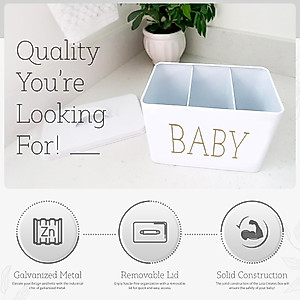 Lola Creates Baby Storage Organizer - Diaper Caddy for Lotions, Hair Essentials - White Baby Closet Organizer with Removable Lid - Metal Nursery Organization Box - Cute Baby Room Organizer for New Mom