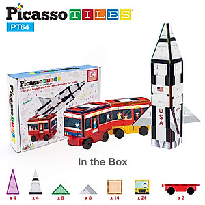 PicassoTiles Magnet Building Blocks STEM Learning Construction Toy Set Early Education Kit 3-in-1 Rocket, School Bus, Train Theme Stick-On Puzzle Pretend Play Magnetic Tiles Kids Building Block Toys