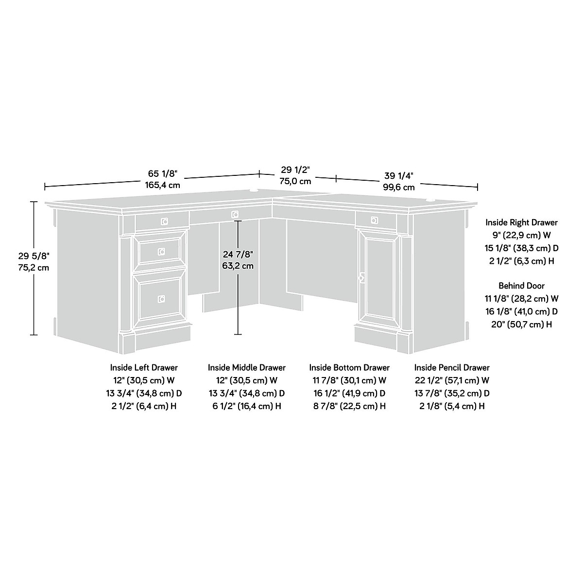 Sauder Palladia L-Shaped Desk, L: 68.74" x W: 65.12" x H: 29.61", Split Oak finish