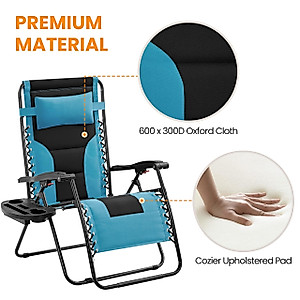 Yaheetech 29in Full Padded Zero Gravity Chair Oversized Outdoor Patio Folding Lounger Adjustable Portable Anti Gravity Recliner w/Carry Strap, Side Cup Tray, Pillow for Beach Yard Lawn Black/Aqua/2