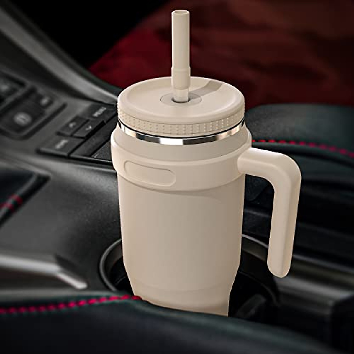 Zukro 50 oz Mug Tumbler with Handle and Screw on Lid, Vacuum Insulated Stainless Steel Tumbler with Straw Lid, Leakproof Straw Cup, Keeps Drinks Cold 30 Hours, Fit in Cup Holder - Beige