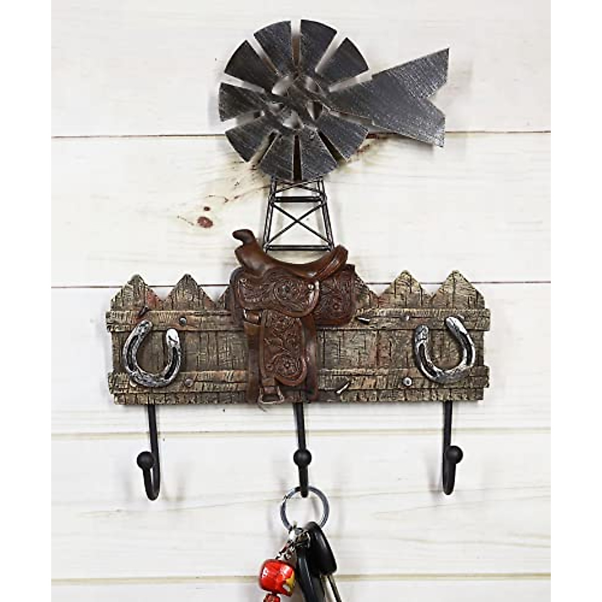 Ebros Gift Rustic Western Agricultural Windmill with Cowboy Barn Horseshoes and Saddle 3 Peg Hook Coat Key Hat Leash Backpack Wall Hanging Hooks Country Farm Decorative Organizer