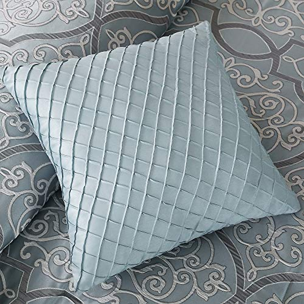 Madison Park Lavine Cozy Bed in a Bag Comforter Set, Traditional Luxe Jacquard Design All Season Down Alternative Bedding with Cotton Bed Sheets, Bed Skirt & Pillows, King Blue 12 Piece