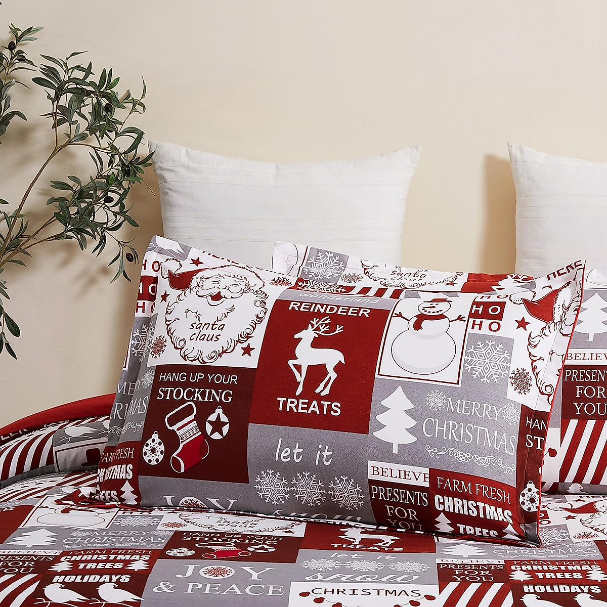 Vaulia Soft Microfiber Duvet Cover Set, Snowflake Pattern Christmas Holidays, Reversible Pattern Design White/Red Santa, King Size 3-Piece Set (1 Duvet Cover 2 Pillow Shams)