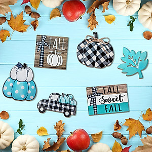 Guoofu Blue Fall Tiered Tray Decor, Pumpkin Farmhouse Tray Decorations, Buffalo Plaid Pumpkin Trucks Maple Leaf Book Stack Wooden Signs, Autumn Thanksgiving Home Decor for Mantel Tabletop Shelf